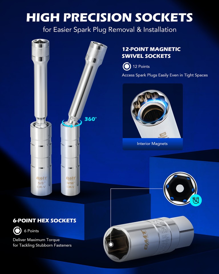 OMT Spark Plug Socket 3/8 Drive Magnetic Socket Set Torque Wrench Plug ...