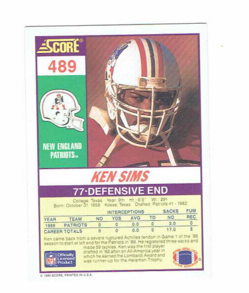 Ken Sims New England Patriots #77 DE #489 Score 1990 Football Card | eBay