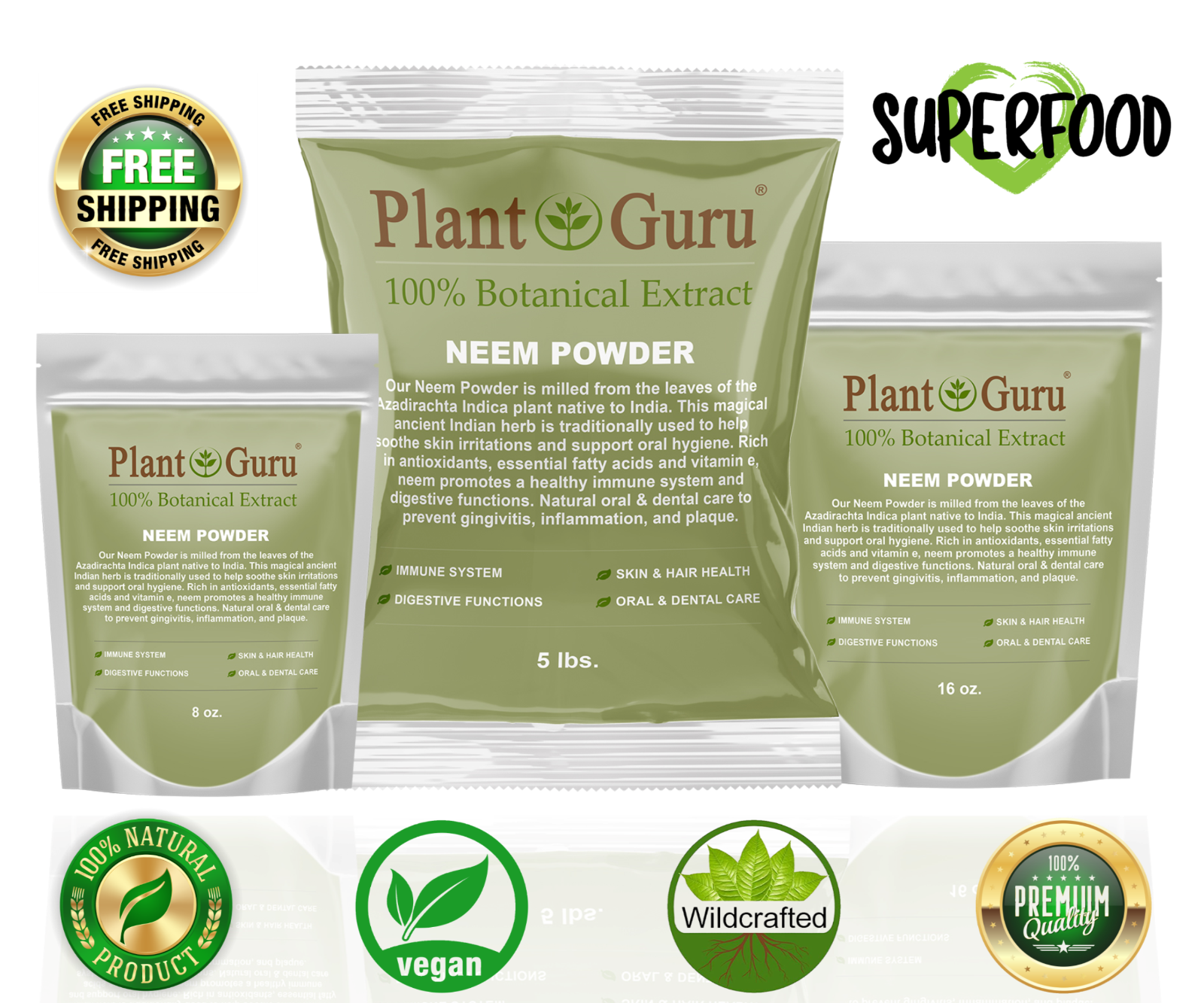 Neem Powder 2 lb. Jar Bulk Dried Leaf 100% Pure Raw Leaves (Azadirachta ...