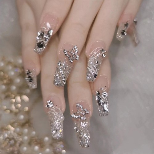 Glitter Butterfly False Nail Shiny Coffin Long Press on Nails for Nail ...