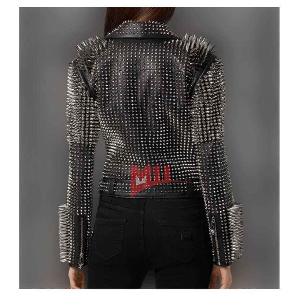 Handmade Women Black Fully Studded Genuine Lambskin Pure Leather Jacket ...