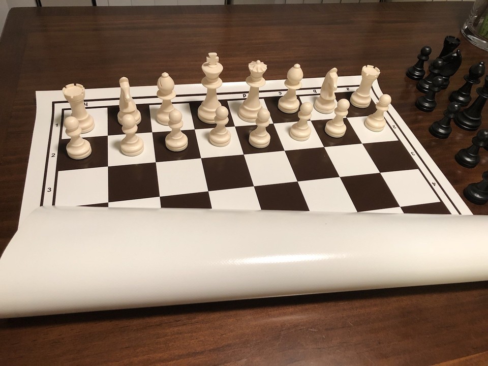 2 European Chess Sets Including Vinyl Roll-up Boards and Chessmen (2 ...