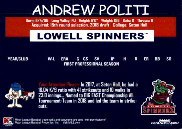 2018 Lowell Spinners Grandstand #33 Andrew Politi Long Valley New ...