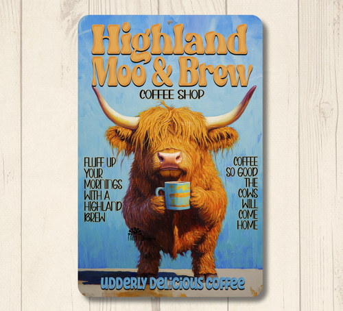 Highland Cow Coffee Bar Sign Moo & Brew station kitchen decor wall art ...