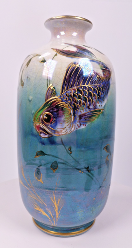 RARE SHELLEY CHINA LUSTRE KOI CARP FISH VASE SIGNED BY WALTER SLATER c ...