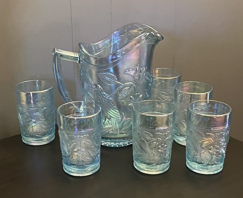 Imperial Lenox -Robin -Light Ice Blue Carnival Glass - Pitcher & 6 ...