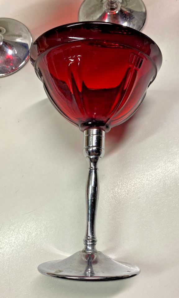 Five Art Deco Ruby Red Glass Cordial Glasses w/ Stainless ChromeStems M ...