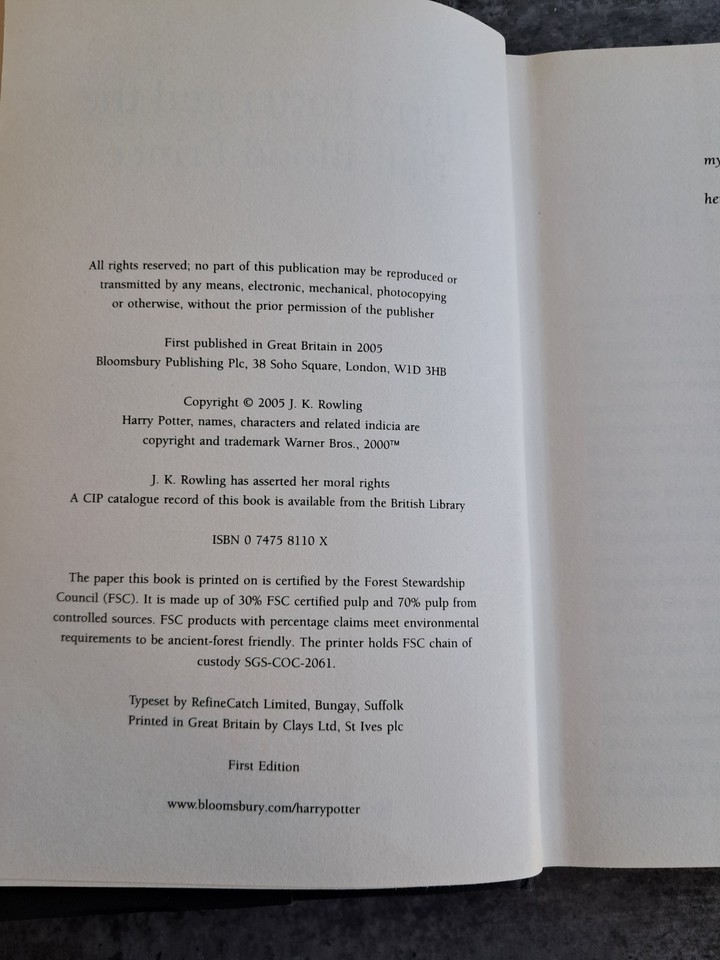 Harry Potter And The Half-Blood Prince First Edition Hardback Book ...