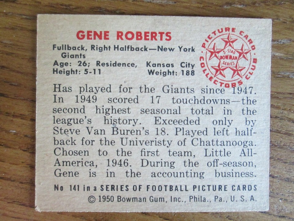 1950 Bowman #141 GENE ROBERTS - RC - New York GIANTS | eBay