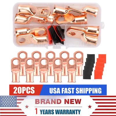 20PCS 1/0 AWG Gauge Copper Lugs W/ BLACK & RED Heat Shrink Ring ...