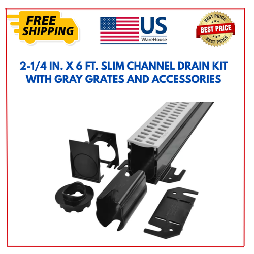 2-1/4 in. x 6 ft. Slim Channel Drain Kit with Gray Grates and ...