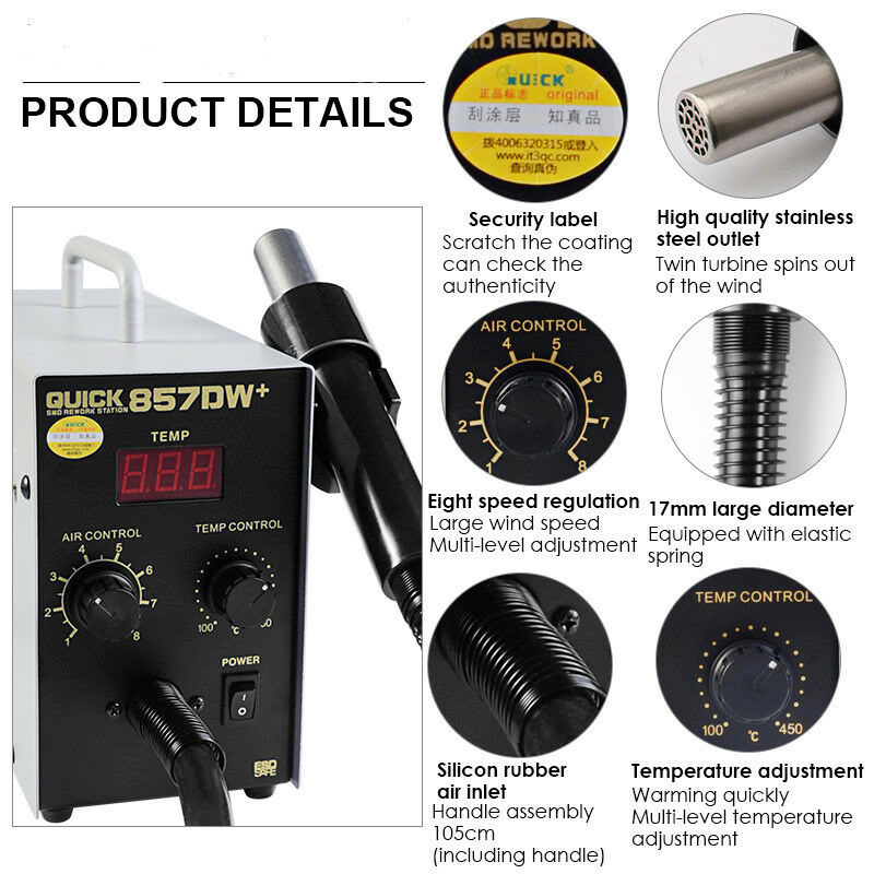 QUICK 857DW Adjustable Digital Display Hot Air Heat Gun Soldering ...