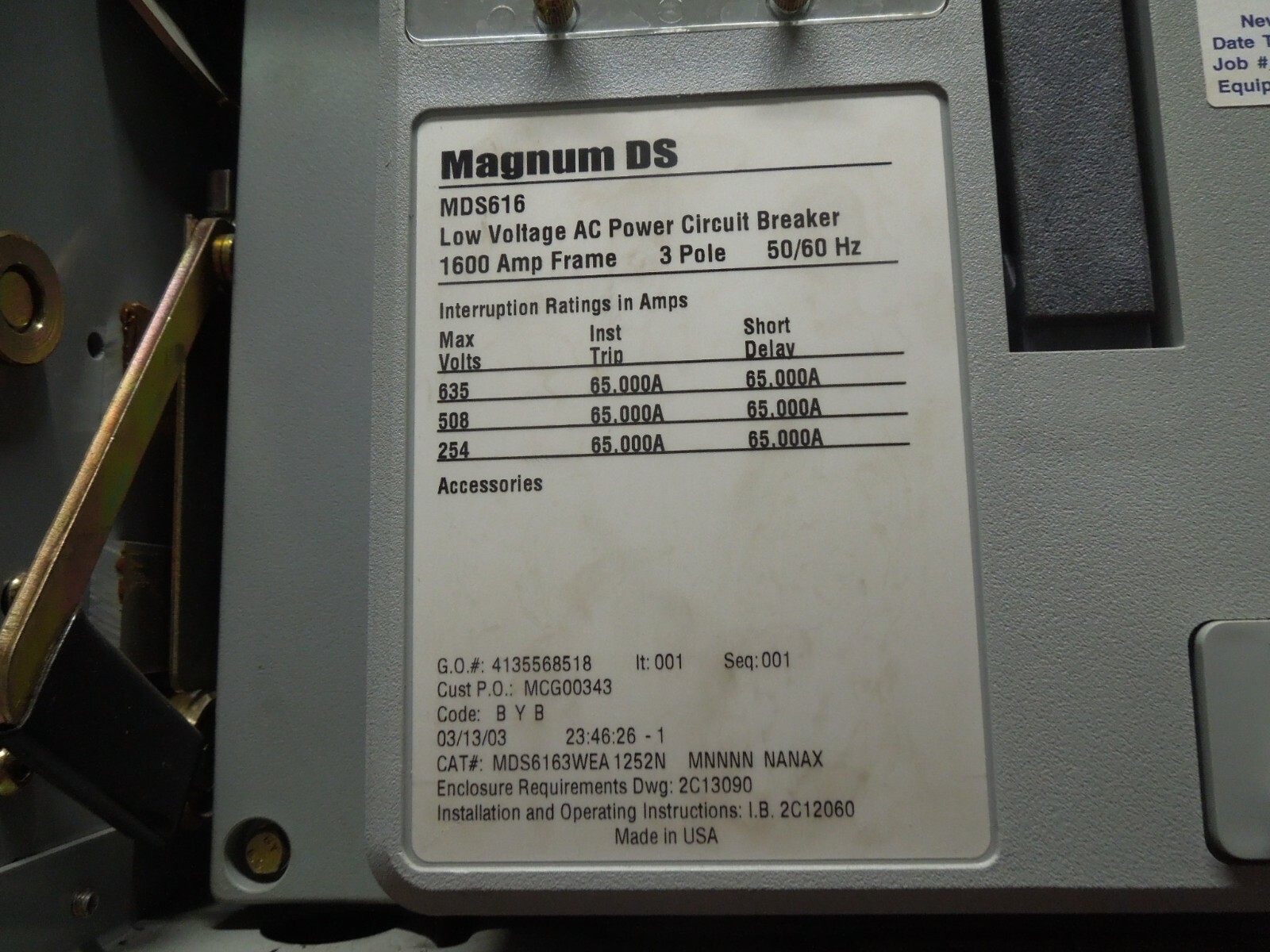 Cutler-Hammer Magnum DS MDS616 1600A Fr 1200A RP 3p 600V MO/DO Digitrip ...