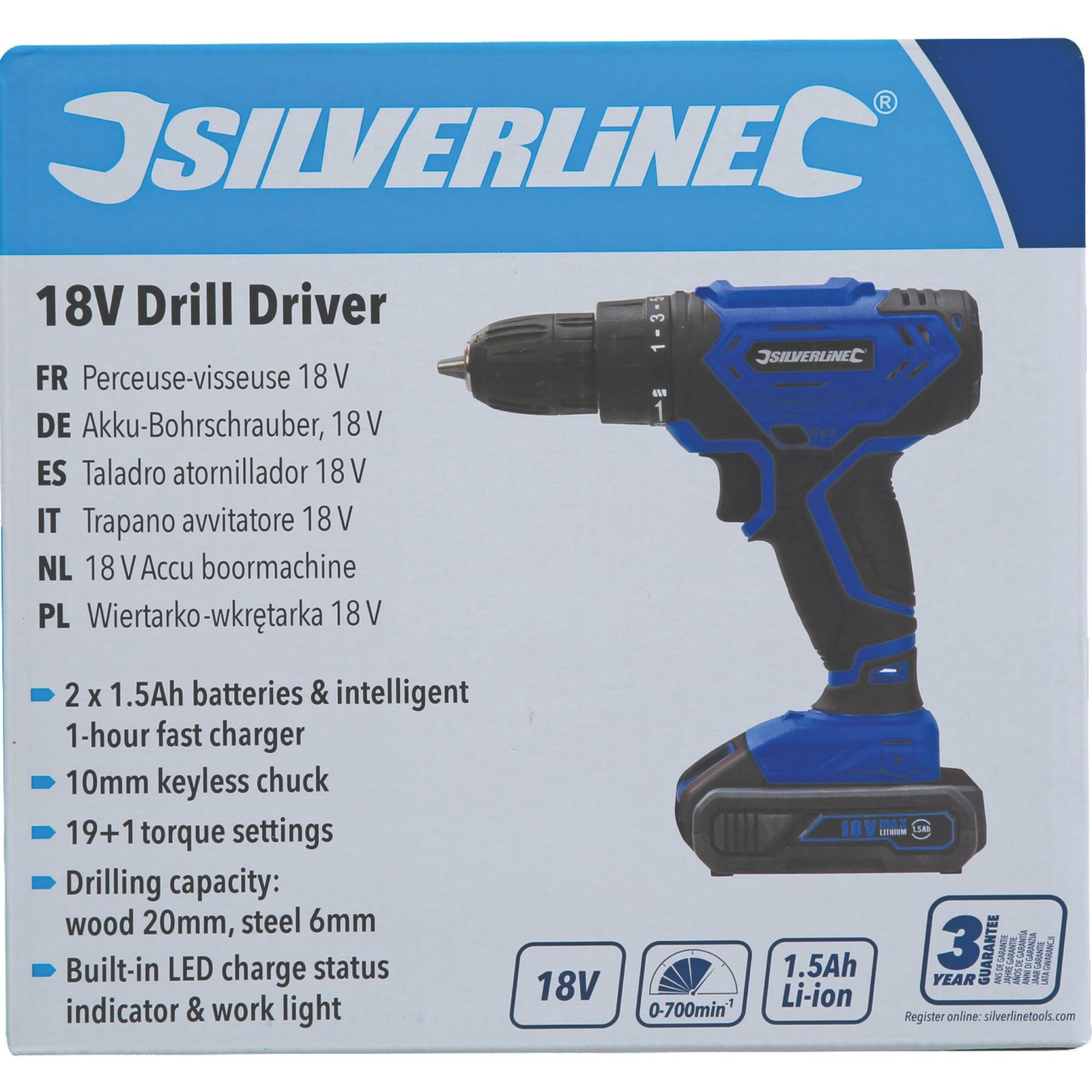 Silverline 18V Electric Drill Driver Screwdriver Keyless Chuck Li-Ion ...