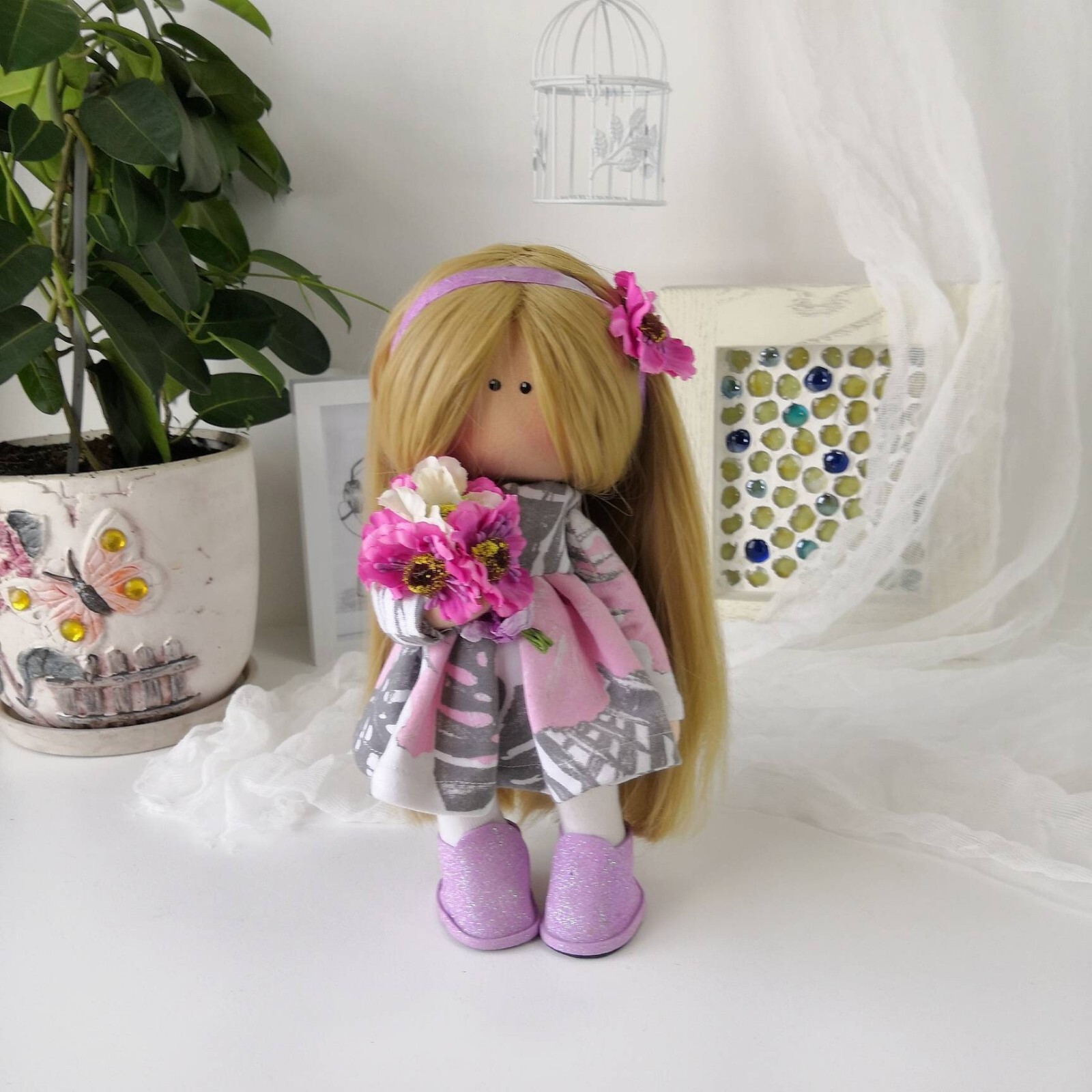 Hand made dolls Textile Girl Doll Brown Hair Unique Gift Interior Doll ...
