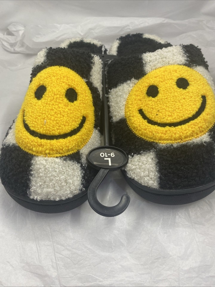 Yellow Black White Checker Smiley Face Adult Bedroom House Slipper Sz ...