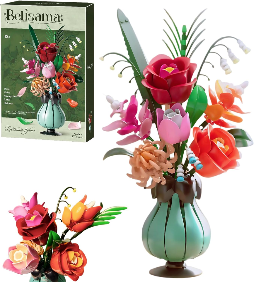 Roses Flowers Bouquet Building Set with Vase, 566PCS DIY Artificial ...