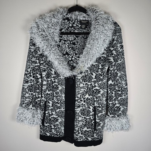 Peck & Peck Collection Sweater Cardigan Black White Floral Fuzzy Trim ...
