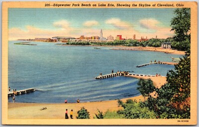 Edgewater Park Beach on Lake Erie, Cleveland Skyline, Ohio - Postcard ...