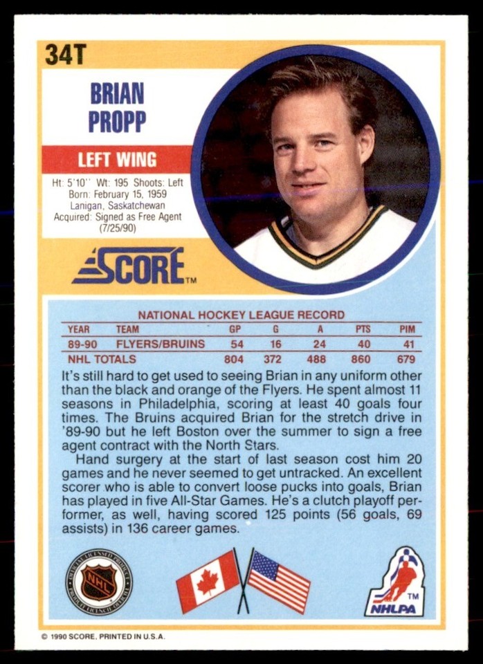 1990-91 Score Rookie and Traded Brian Propp Minnesota North Stars #34T ...
