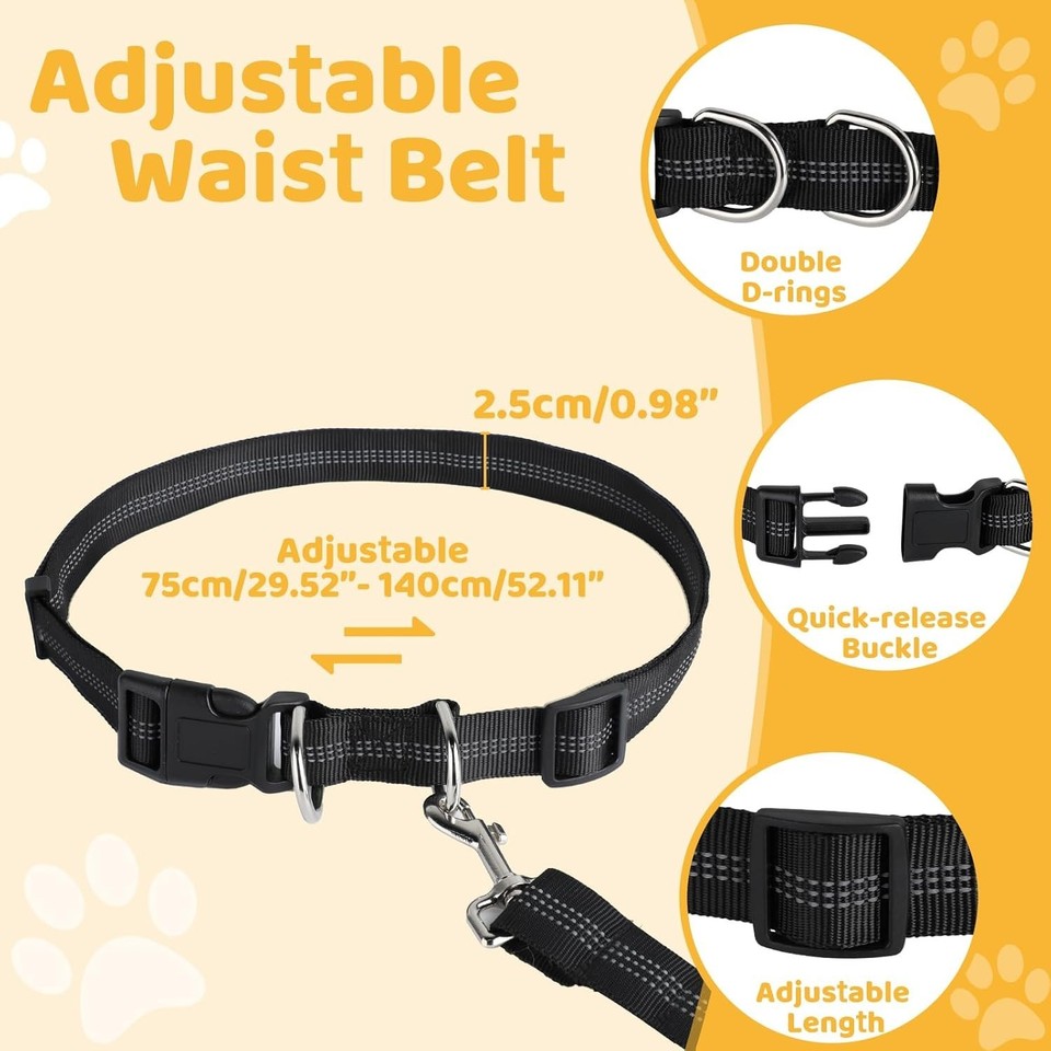 Hands Free Dog Lead with Waist Pack – 1.6m to 2.2m Dual Handles Elastic ...