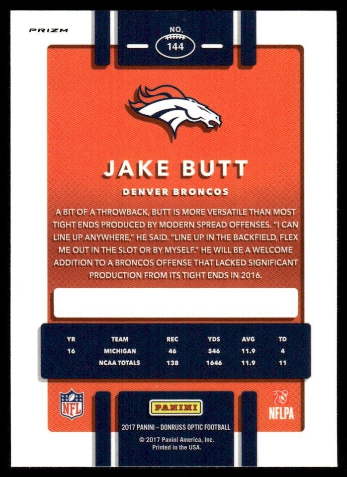 2017 Donruss Optic - Rookies Jake Butt #144 Holo Prizm (RC) | eBay