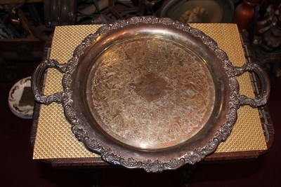 Antique Oneida Silver Metal Circular Serving Platter Tray Floral Border ...