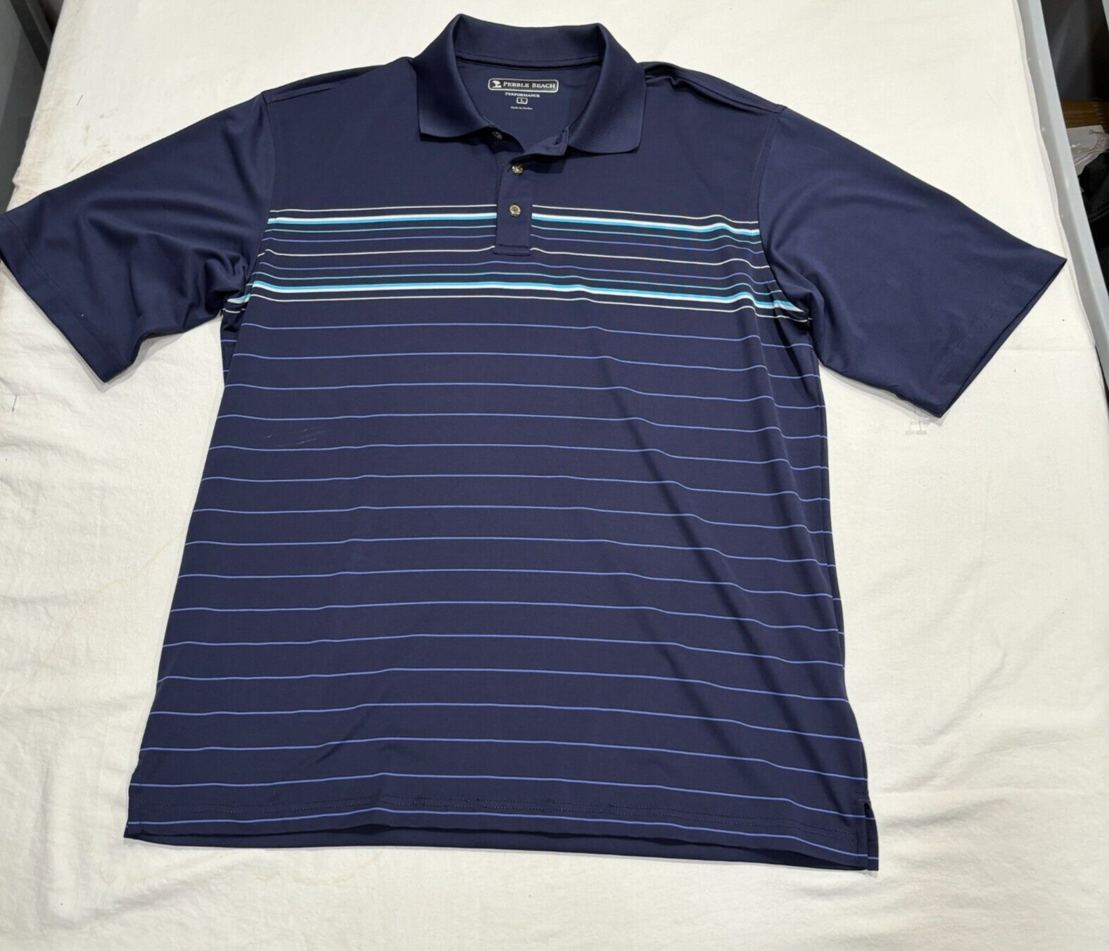 Pebble Beach Performance Men's Polo Shirt Blue Stripe… - Gem