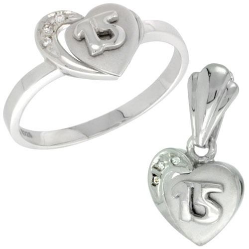 925 Sterling Silver Quince Anos "15" Heart CZ Sweet 15 Ring & Charm ...
