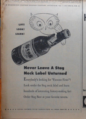 1952 newspaper ad for Stag Beer - Owl, Never Leave a Stag Neck Label ...