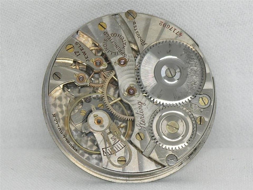 SCARCE 16S ILLINOIS 17 JEWEL GR 305 STERLING POCKET WATCH MOV'T & DIAL ...