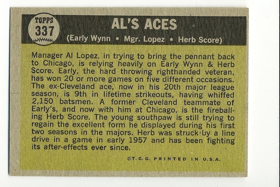 1961 TOPPS CHICAGO WHITE SOX AL'S ACES #337 MID EARLY WYNN HERB SCORE ...