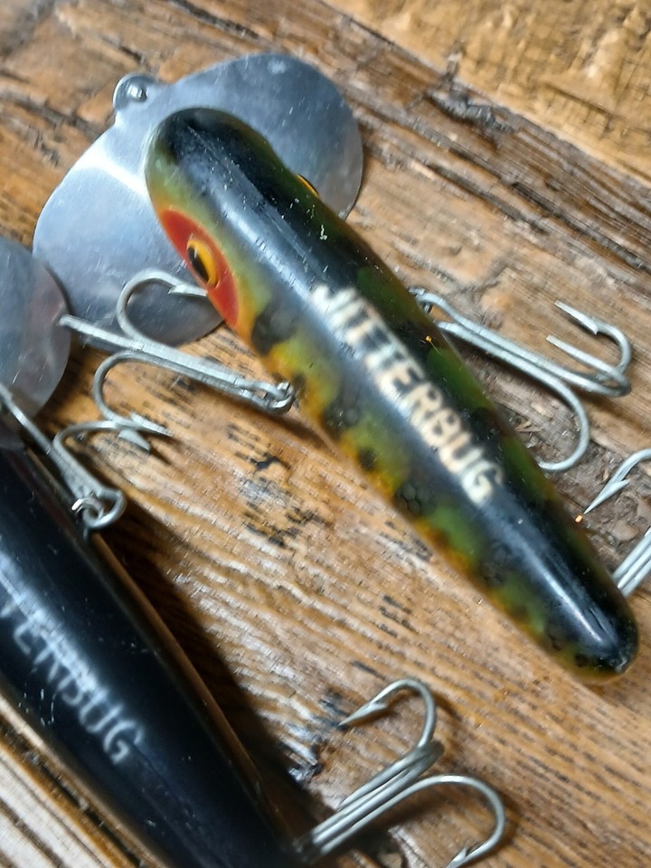 2-Vintage Fred Arbogast Musky Jitterbug Plastic Top Water Fishing Lures ...