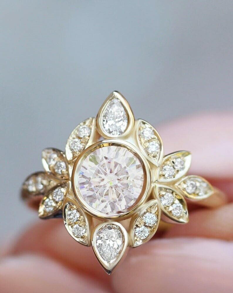 3.25ct Round Lab-Created Moissanite Engagement Ring Floral Art Deco ...