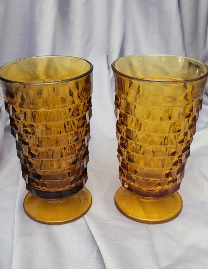 Vintage Indiana Amber Glass Whitehall Cubist Pattern 14 Oz Tumbler Set ...