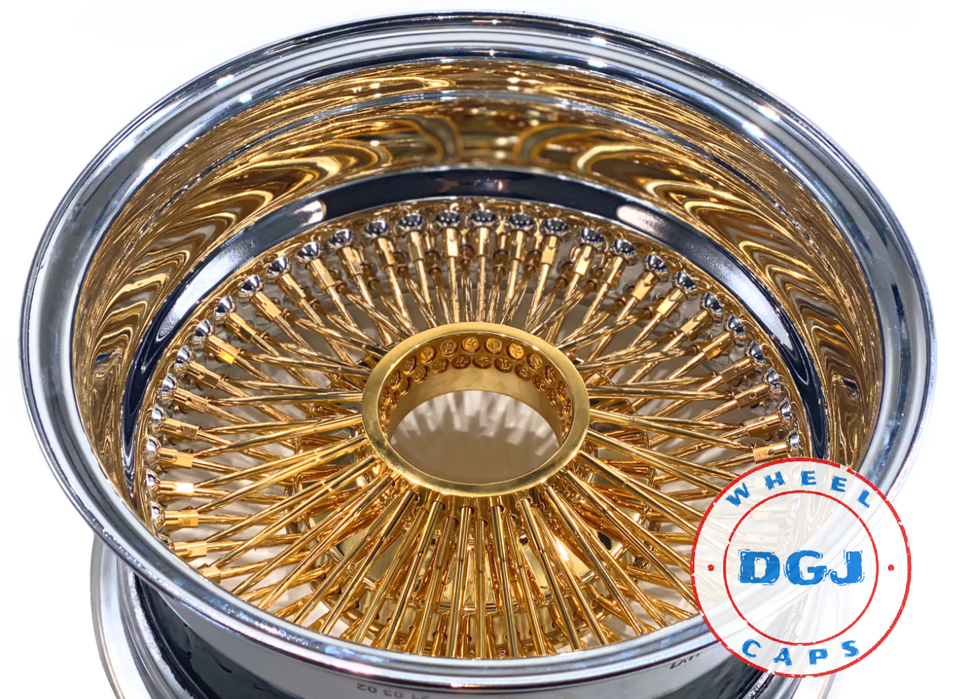 14x7 Rev 100 Spokes Center Gold Lowrider Wire Wheel Rims with Gold ...
