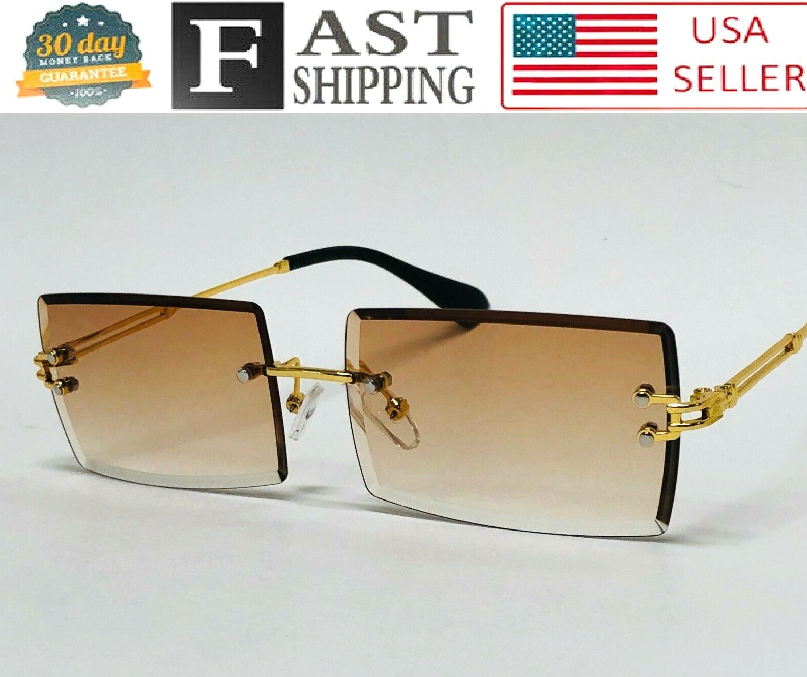 Men's Rimless Vintage Retro Rectangle Gold CLEAR Lens Fashion Hip Hop ...