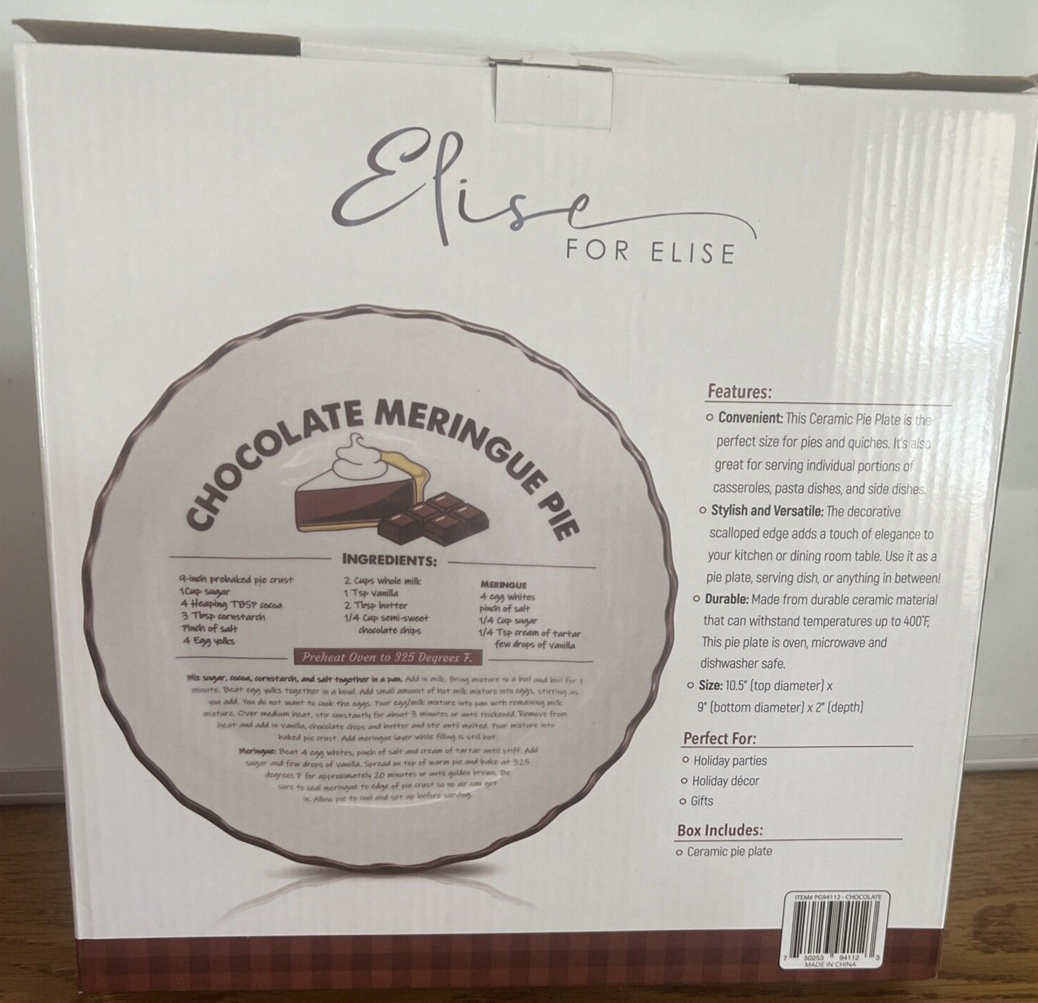Elise For Elise Chocolate Meringue Ceramic Pie Plate NIB | eBay