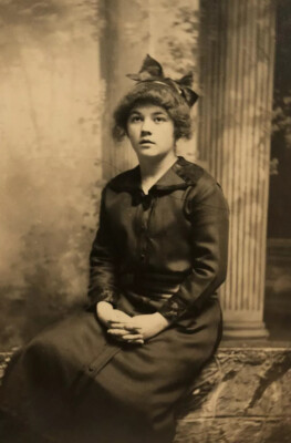 Portrait of Young Woman “Cousin Anna” Poses in Dark Dress w/ Large Bow ...