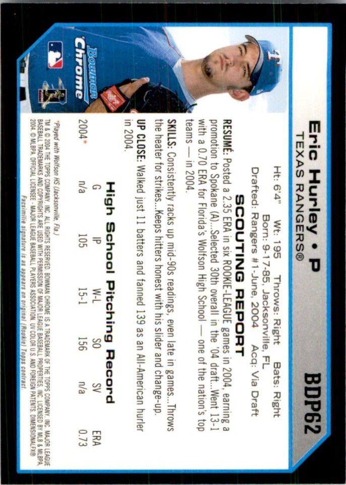 2004 Bowman Chrome Eric Hurley Baseball Cards #BDP62 | eBay
