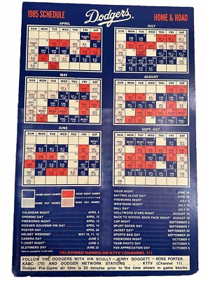 Vtg 1985 Los Angeles Dodgers Baseball Schedule Cardboard Poster 21x14.5 ...
