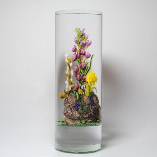 Randall Grubb "Garden Wall" flowers and rocks tall glass column glass ...