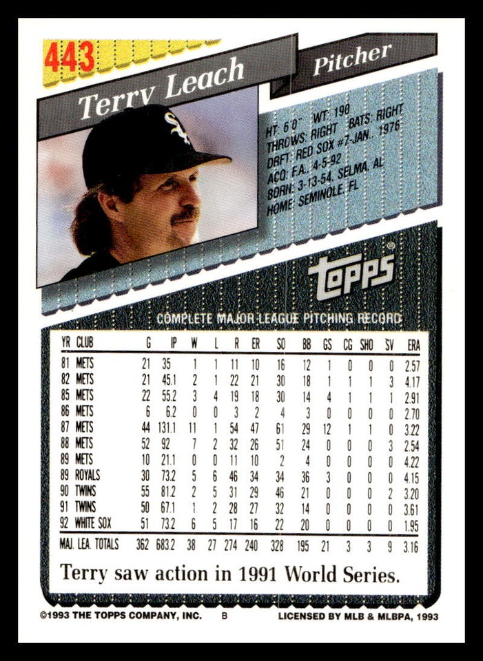 1993 Topps Gold #443 Terry Leach Chicago White Sox | eBay