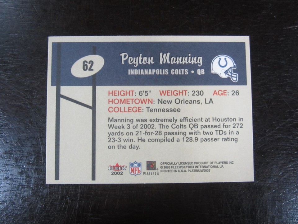 2002 Fleer Platinum # 62 Peyton Manning Card (B61) Indianapolis Colts ...