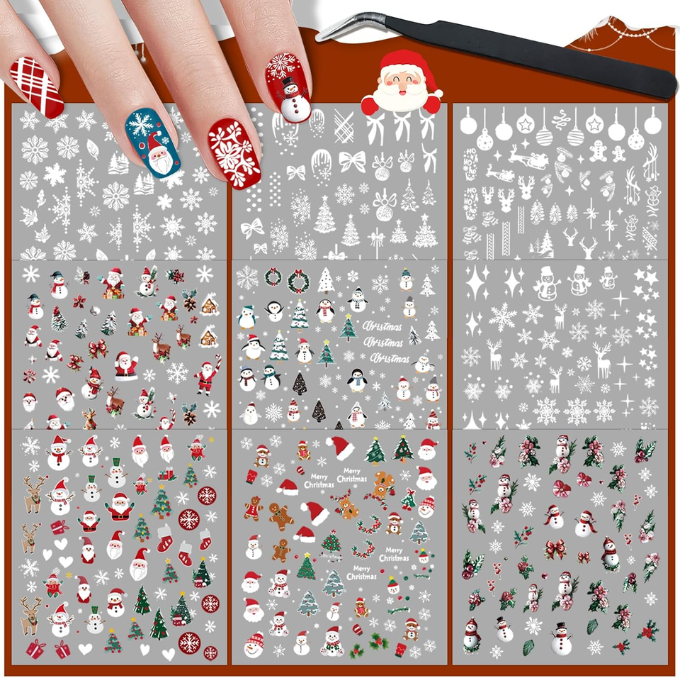 9 Sheets Christmas Nail Art Stickers, Embroidery Nail Sticker Decals ...