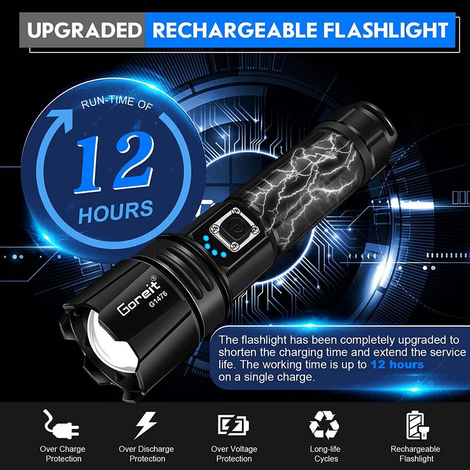 Goreit Flashlight High Lumens Rechargeable, 20000 Lumen Led Flashlights ...