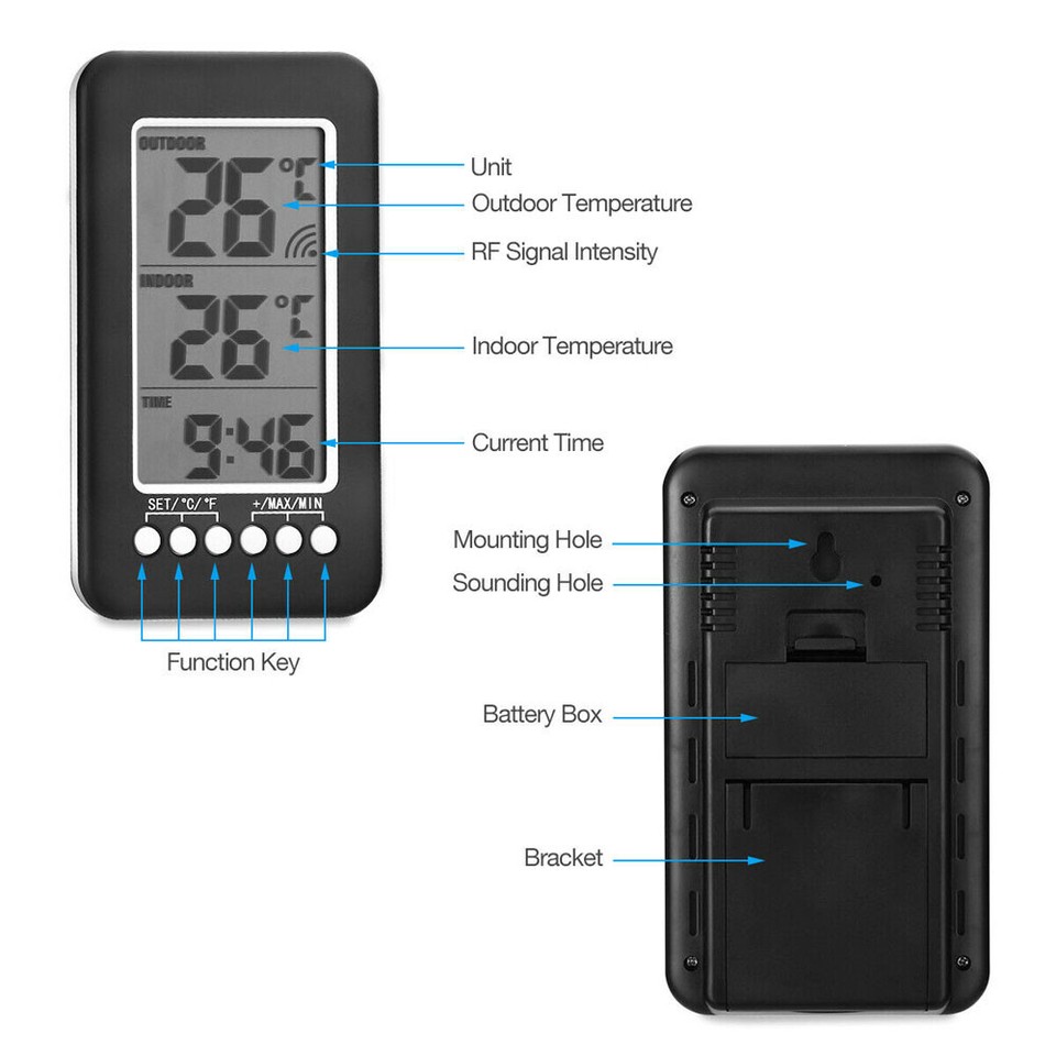 Digital Thermometer Clock Temperature Wireless Transmitter Meter Indoor ...
