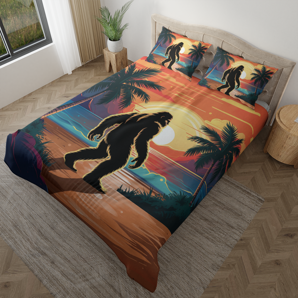 Bigfoot on Beach Sunset Palm Trees Bedding Set Tropical Wildlife Duvet ...
