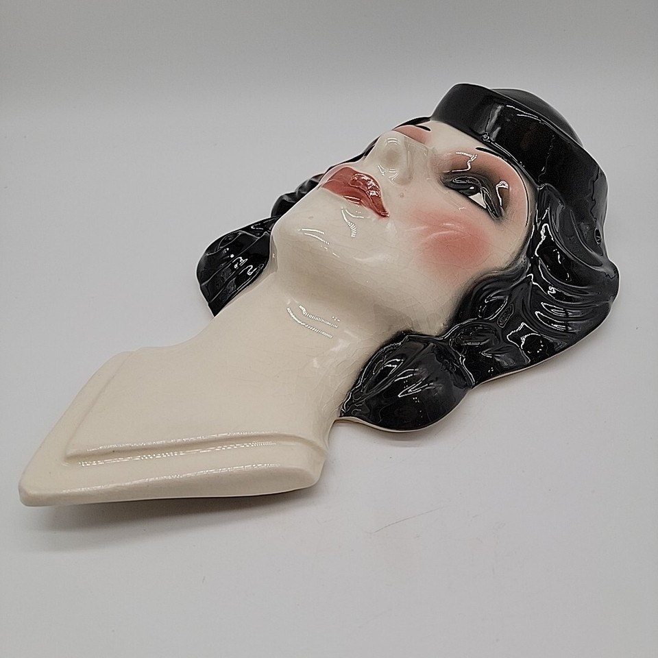 Lot of 2 Ceramic Lady Wall Art Black Hair Hat Neck Clay Art Made in USA ...