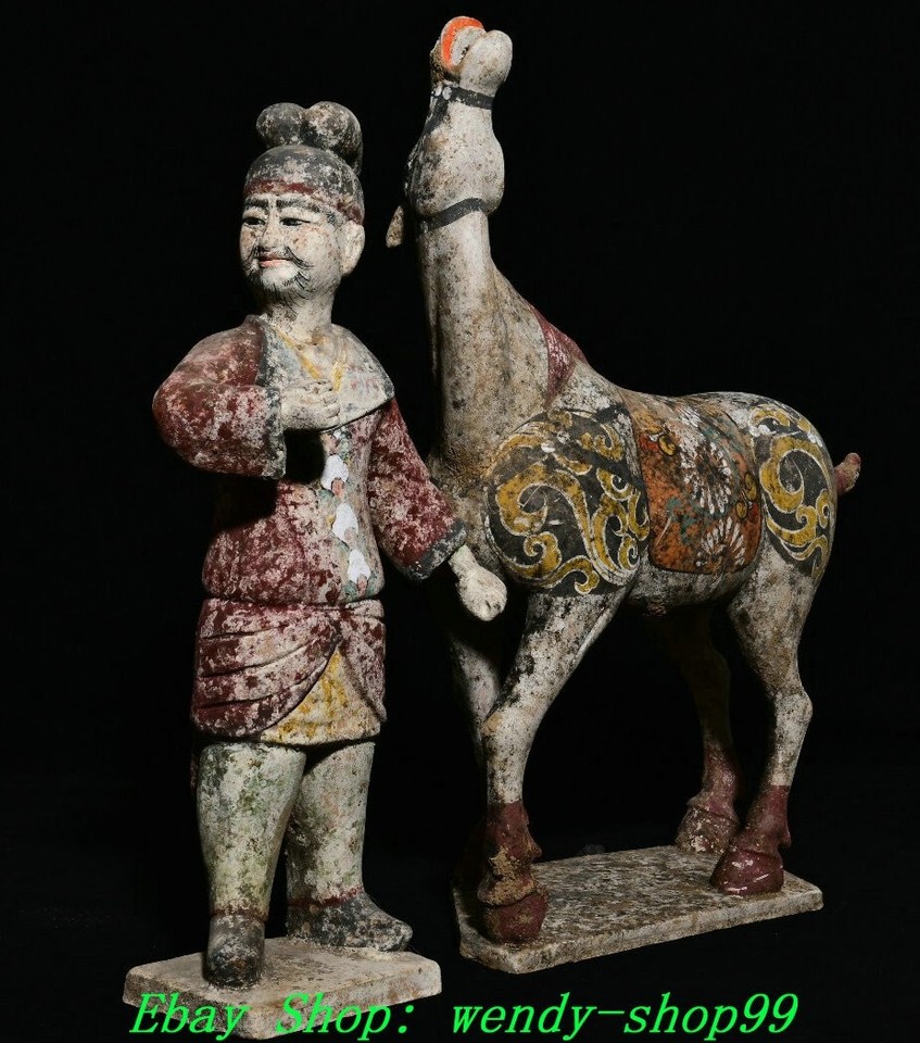 18" Old Dynasty Pottery Porcelain Painting Hunni Tartars warrior Horse ...